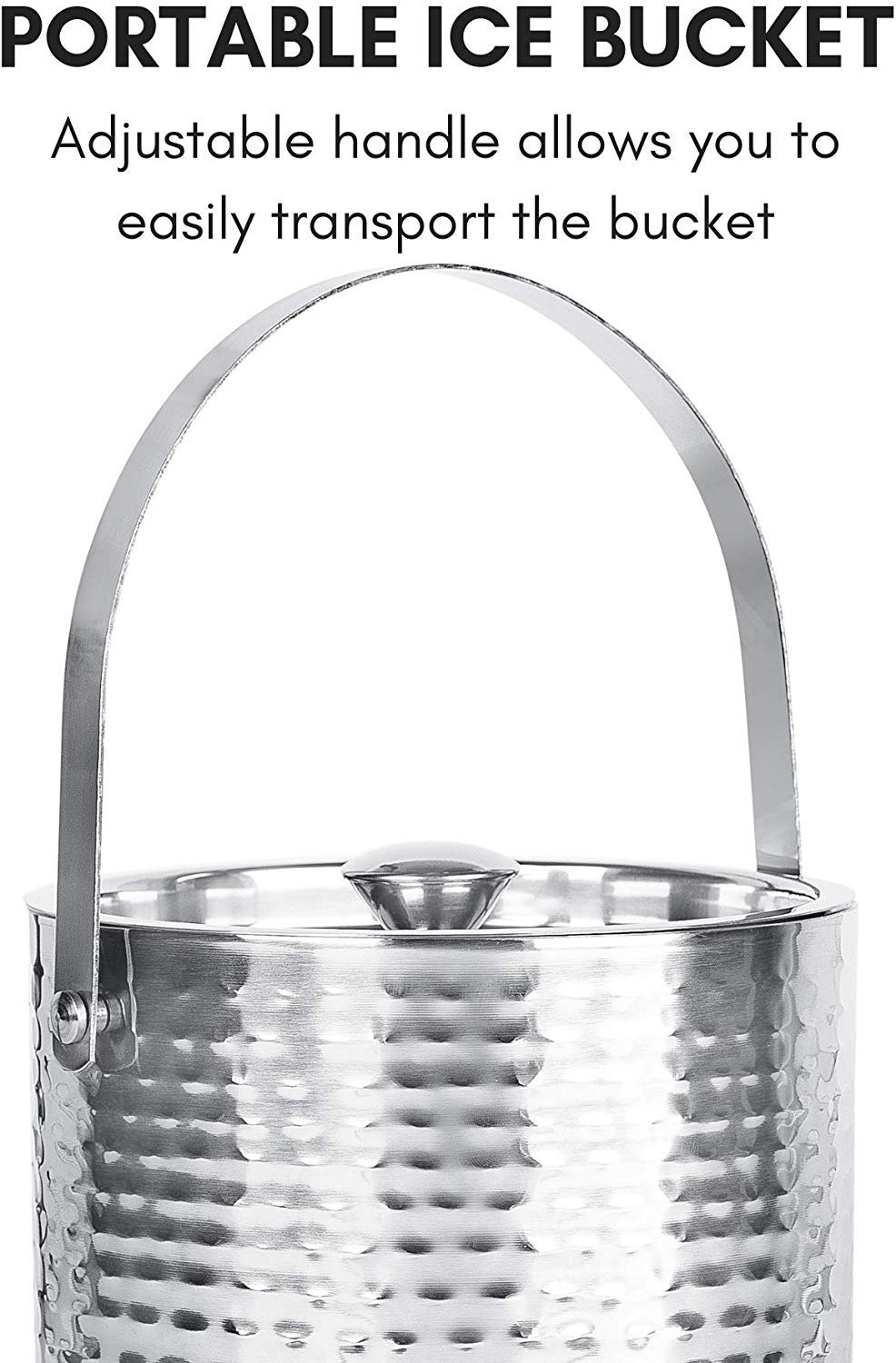 Ice Bucket With Lid, Insulated Hammered Ice Bucket for Cocktail Bar with Ice Tong, Double Walled Stainless Steel, 1.75 L, 1.84 Quarts, Ice Cold For 6 h with Handle (Silver Hammered)