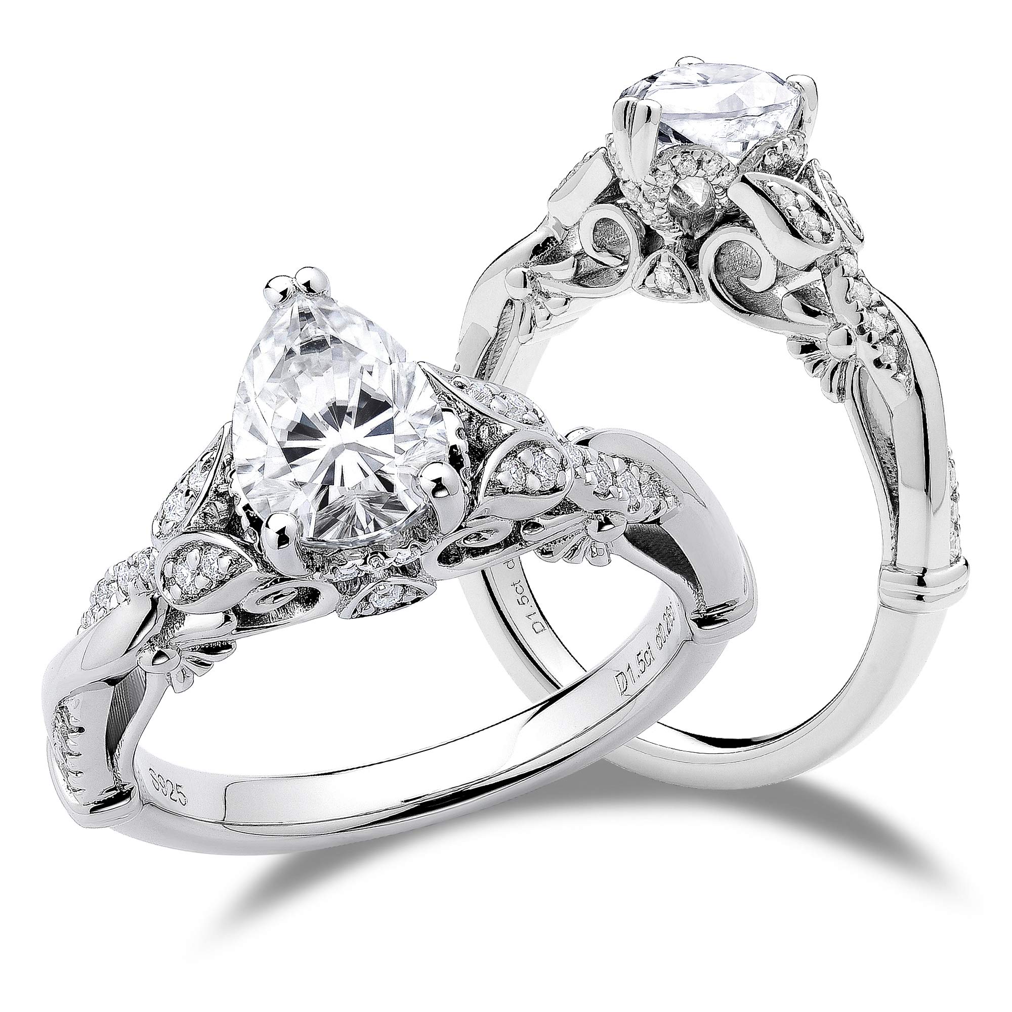 DovEggs Moissanite Engagement Rings for Women 1.5ct Center 6X8mm G-H-I Color Pear Shaped Cut Antique Moissanite Wedding Rings 14K Gold Quality Sterling Silver Bridal Sets Band Width 2.4mm(5)