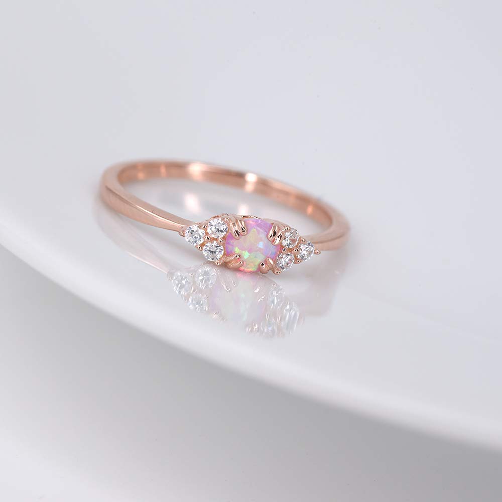 espere Sterling Silver Halo Opal Stacking Ring Simple Dainty Rose Gold Ring Pink Opal Ring Birthstone Ring Size 6