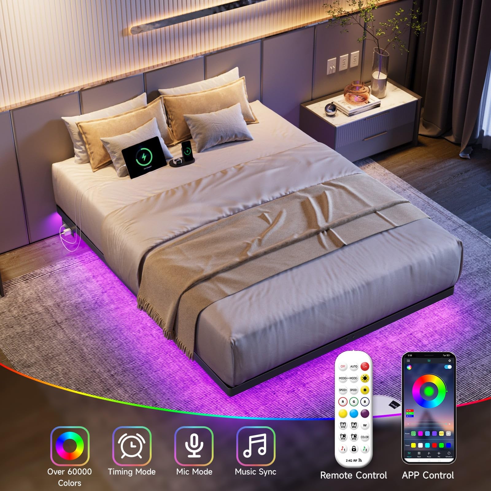 ONBRILL Full Size Floating Bed Frame with USB Charging Station and Smart LED Lights, Heavy Duty Metal Platform Bed with Underbed Storage Space, Easy to Assemble, Noise-Free, No Box Spring Needed