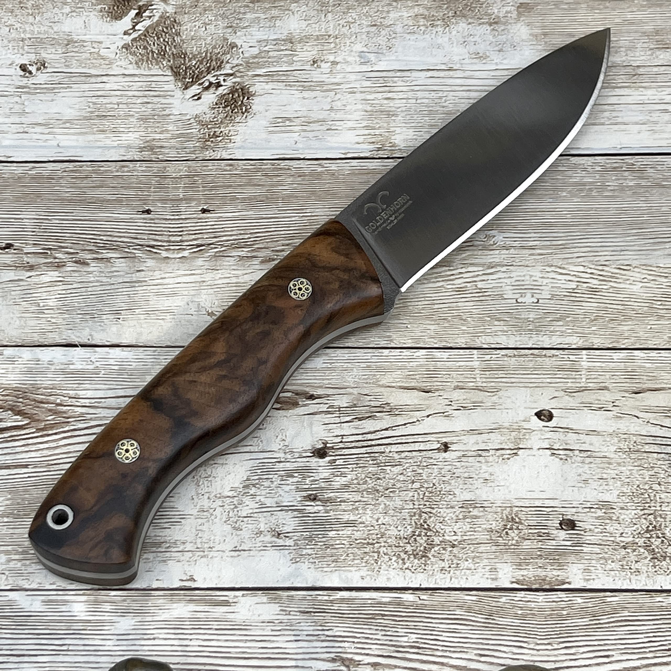 Handmade Fixed Blade Outdoor Knife with Sheath β Hunting, Bushcraft, Self Defense Bowie Knife β Tracker Knife with Wooden Handle & N690 German Bohler Steel Blade β Leather Sheath & Flint Rod Included