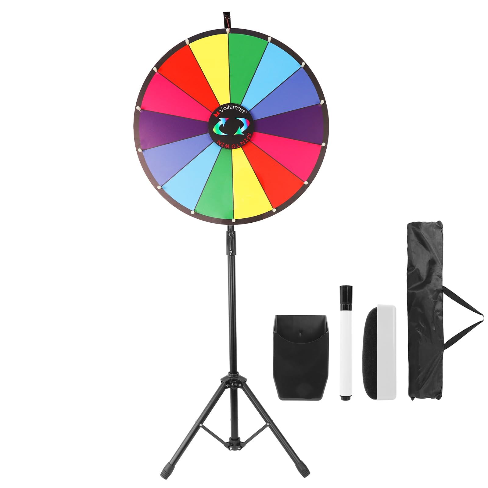 Voilamart 24 Inch Prize Wheel with Folding Tripod Floor Stand Height Adjustable 14 Slots Color Dry Erase Spin Wheel Spinner Game with Dry Erase & Marker Pen for Trade Show Fortune Spinning Game