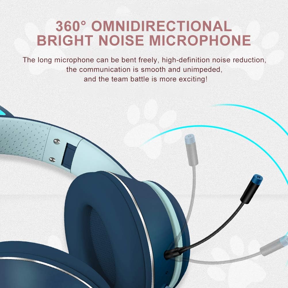 EKDJKK Cat Ear Bluetooth Headphones Foldable Wireless LED Light Up Foldable Headphones HiFi 3.5MM Noise Reduction Headphones Computer Gaming Headset with Microphone and Volume Control