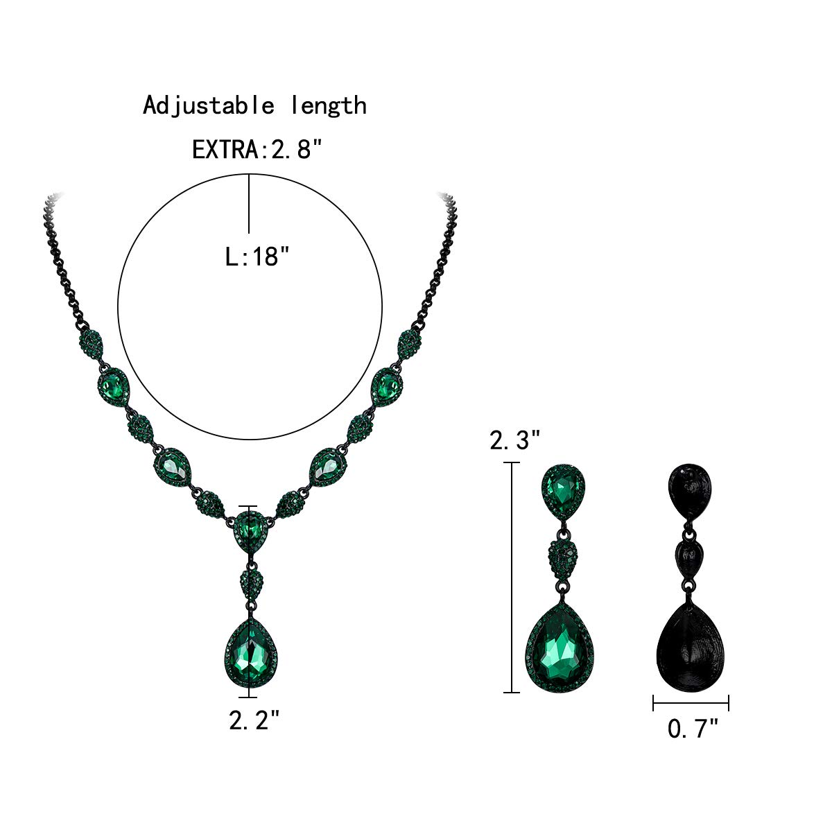 EleQueen Women's Cubic Zirconia Teardrop Y-Necklaces Dangle Earrings Sets for Brides Bridesmaids Green Black-Tone