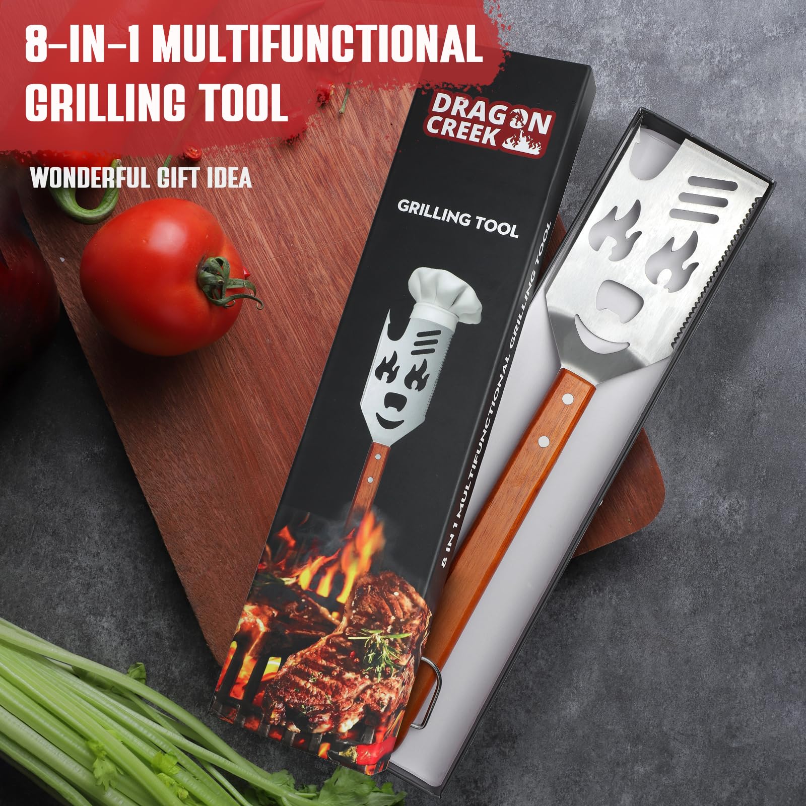 Dragon Creek 6PCS Griddle Accessories Kit Flat Top Grill Accessories Set Professional Stainless Steel Grill Spatula Set with Wooden Handle for Outdoor BBQ Camping