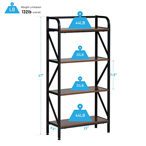 MAISON ARTS 4 Tier Bookshelf, 47" Free Standing Bookcase, Modern Metal Frame Book Shelf for Living Room Home Office, Rustic Brown
