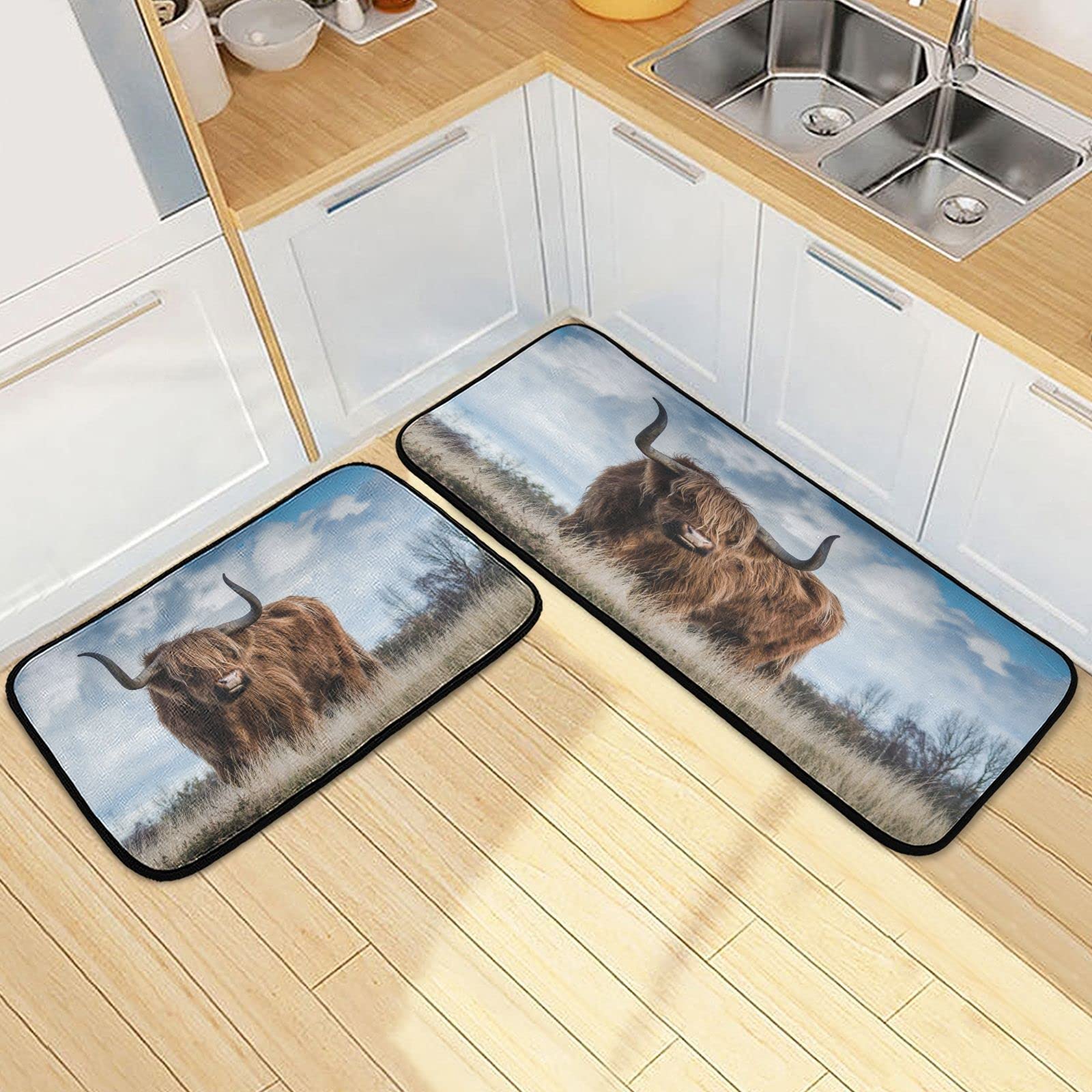 Highland Cow Horns Meadow Kitchen Rug Set of 2 Farm Animal Floor Runner Mat Comfort Non Skid Bath Carpet Standing Mat Washable for Living Room Laundry Office