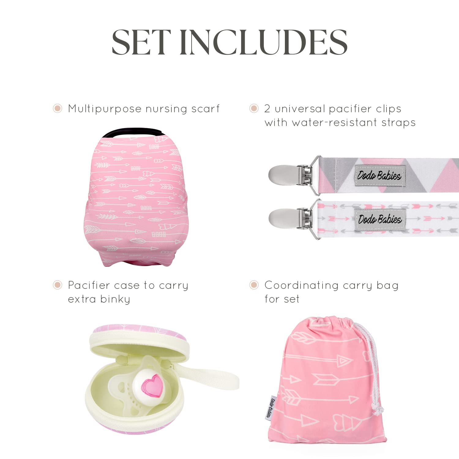 Dodo Babies Nursing Cover Set β Soft, Multipurpose Stretch Scarf for Breastfeeding and Car Seat Cover, Two Universal Pacifier Holders, Binky Case, Storage Bag β Playful Pink Print for Baby Girl