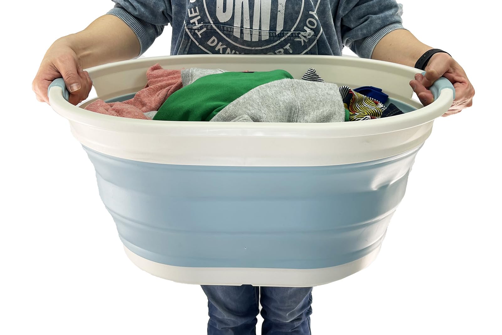 SAMMART 28L (7.4Gallons) Collapsible Plastic Laundry Basket - Oval Tub/Basket - Foldable Storage Container/Organizer - Portable Washing Tub - Space Saving Laundry Hamper (1, Grey/Sterling Blue)