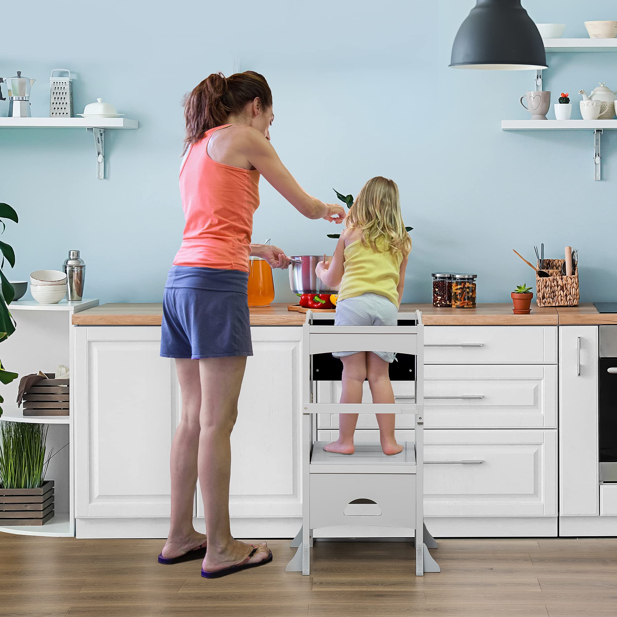 Qaba 2 in 1 Kids Foldable Kitchen Step Stool, Toddler Standing Tower with Chalkboard and Lockable Handrail for Children 3-6 Years Old, Gray