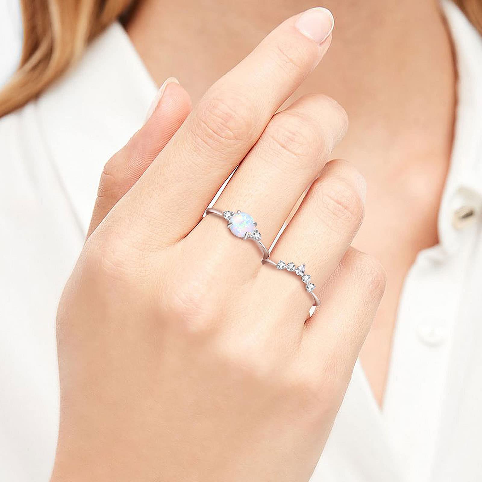 Fiklon 925 Sterling Silver Stackable Opal Ring Set White Gold Dainty Cubic Zirconia Crown Princess Rings Delicate Opal Stone Crystal Jewelry (Opal Ring Set, 6)
