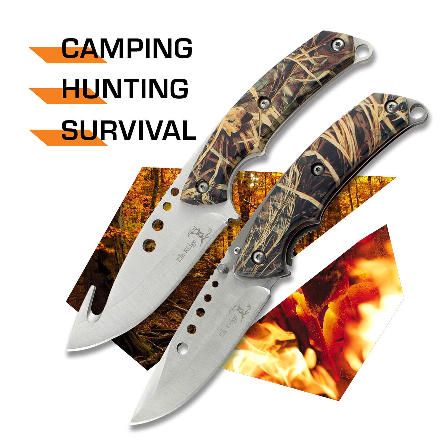 Elk Ridge - Outdoors Hunting Knife Set- 2 PC Fixed Blade and Folding Knife Set, Satin Finished Stainless Steel Blades, Camo Coated Handles, Includes Combo Nylon Sheath - Hunting, Camping, Survival - ER-054CA