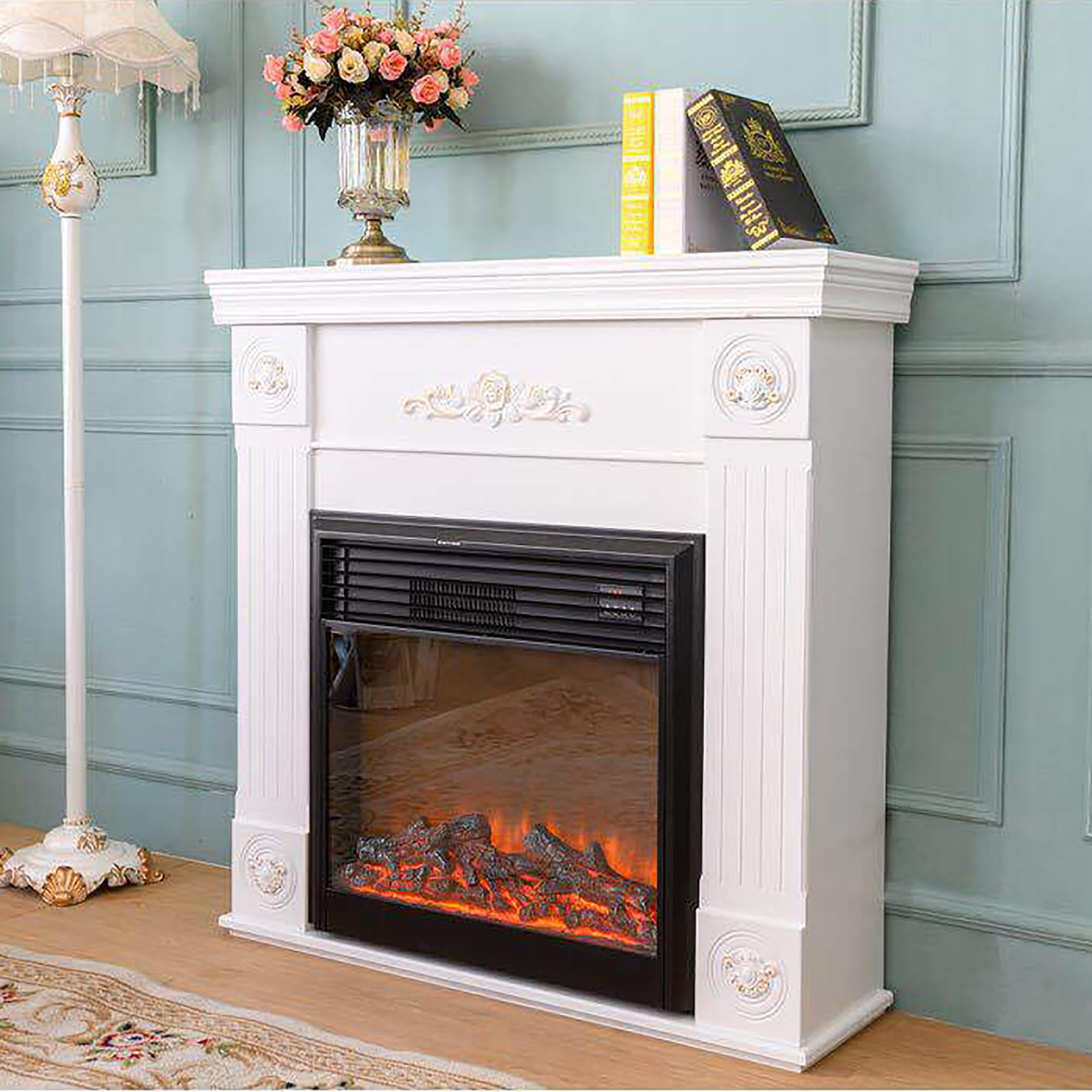 Elegant Freestanding Electric Fireplace, 25 Inches Electric Fireplace Insert, Fireplace Heater, Adjustable LED Flame, Remote Control, White+Black