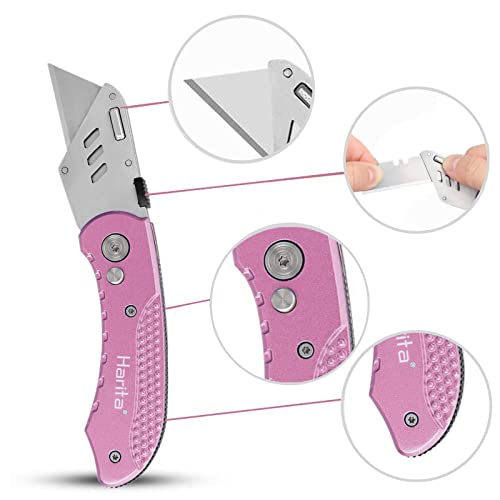 Folding Utility Knife Box Cutter Quick Change Blades, Back-lock Mechanism, Portable Belt Clip, with 5-piece Extra Blades, Purple