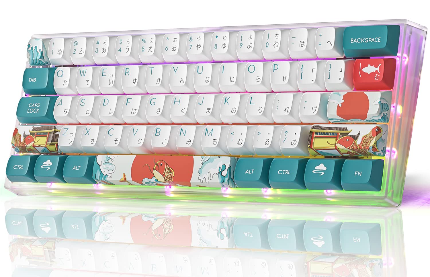 MIHIYIRY 61 Keys Mechanical Gaming Keyboard,Japanese Root Words 60% Compact Hot-Swappable RGB Backlit Keyboard for Win/Mac Gamers (Coral Sea Theme)