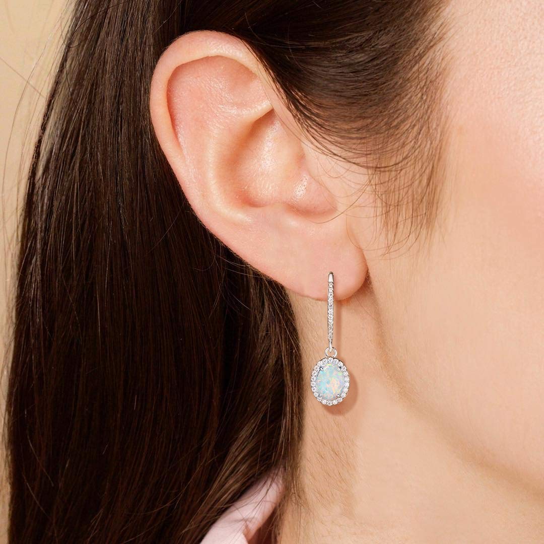 FANCIME Lever Back Earrings Sterling Silver Created White Fire Opal Halo Cubic Zirconia French Back Earrings Opal Jewelry for Women