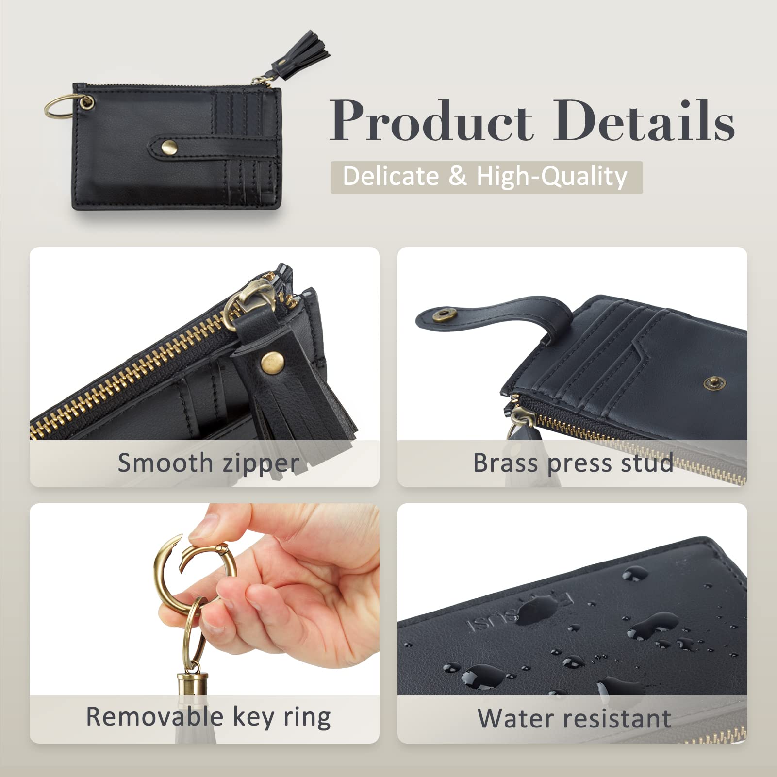 ECOSUSI Wristlet Keychain Key Ring Bracelets Card Holder Purse with Tassel, Bow,Black