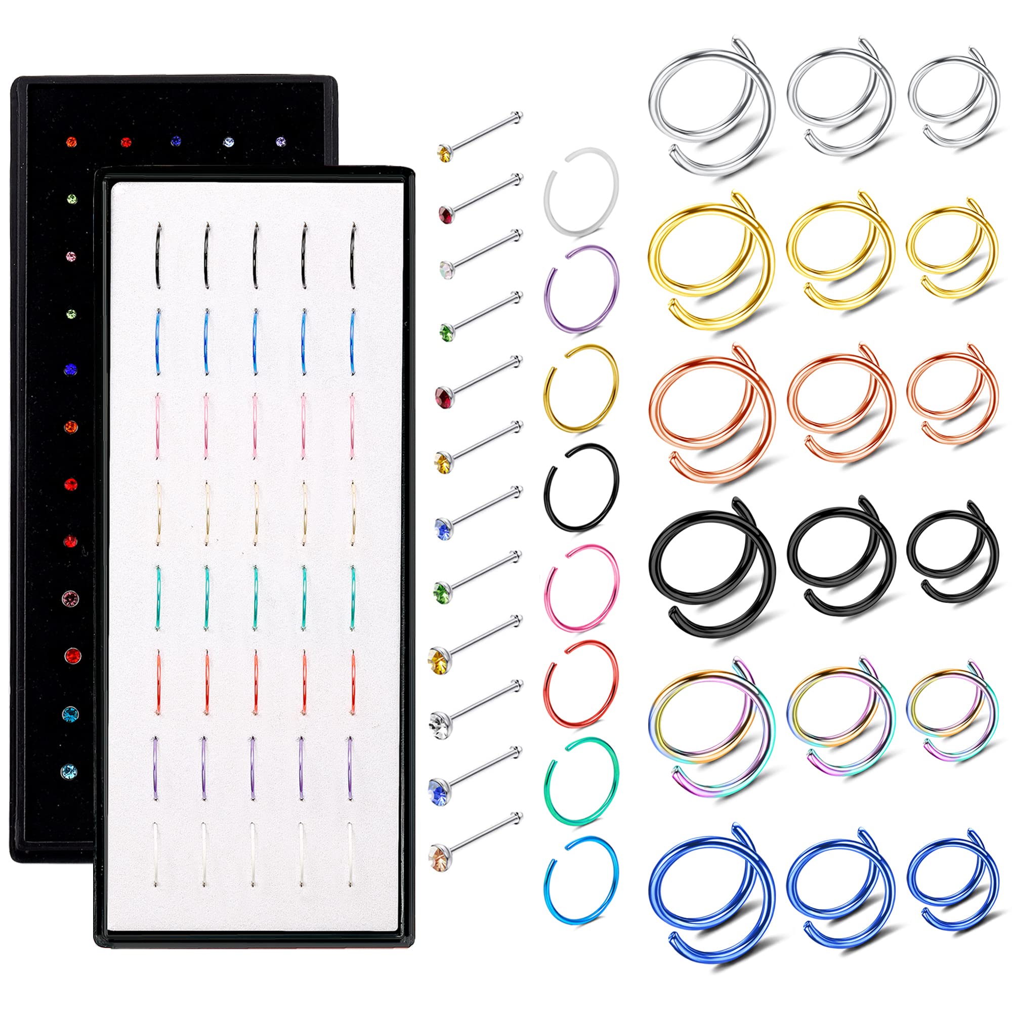 FIBO STEEL 118 Pcs Surgical Steel Double Nose Rings for Women Men Nose Ring Studs and Hoops 20G Bone Nose Studs Ring Nose Piercing Jewelry