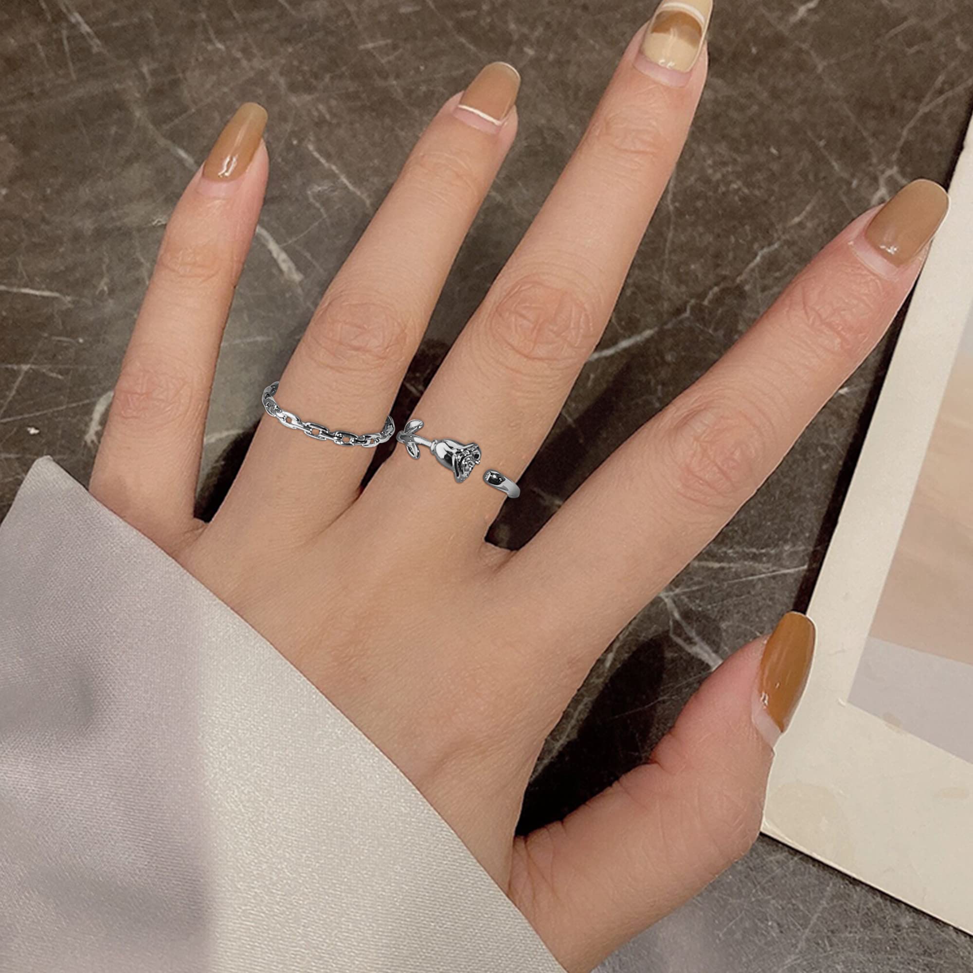FIBO STEEL 12 Pcs Open Adjustable Rings Set for Women Stackable Finger Rings Pack Cute Twist Butterfly Heart Chain Link Rings Minimalist Rings Set Silver Tone