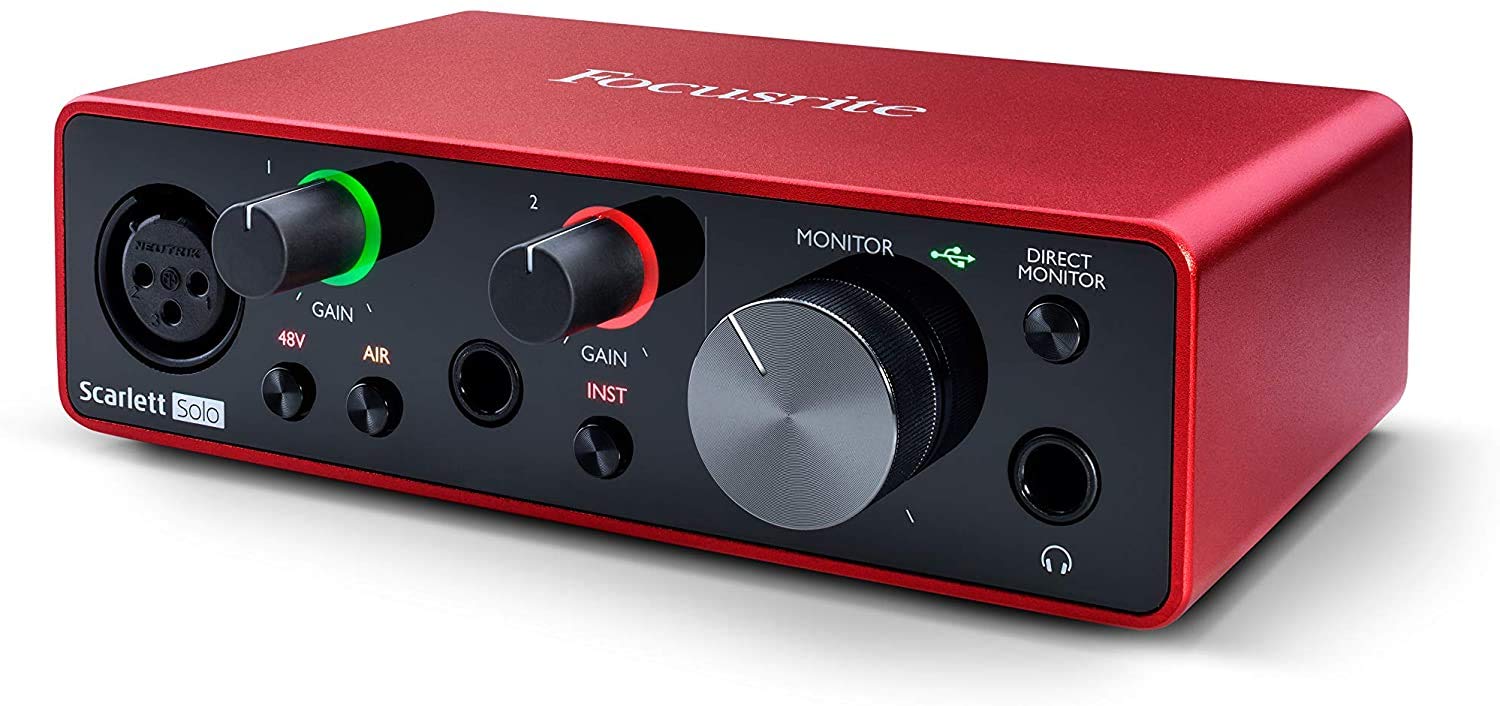 Focusrite Scarlett Solo 2x2 USB Audio Interface Full Studio Bundle with Creative Music Production Software Kit and Eris 4.5 Pair Studio Monitors and 1/4β Instrument Cables