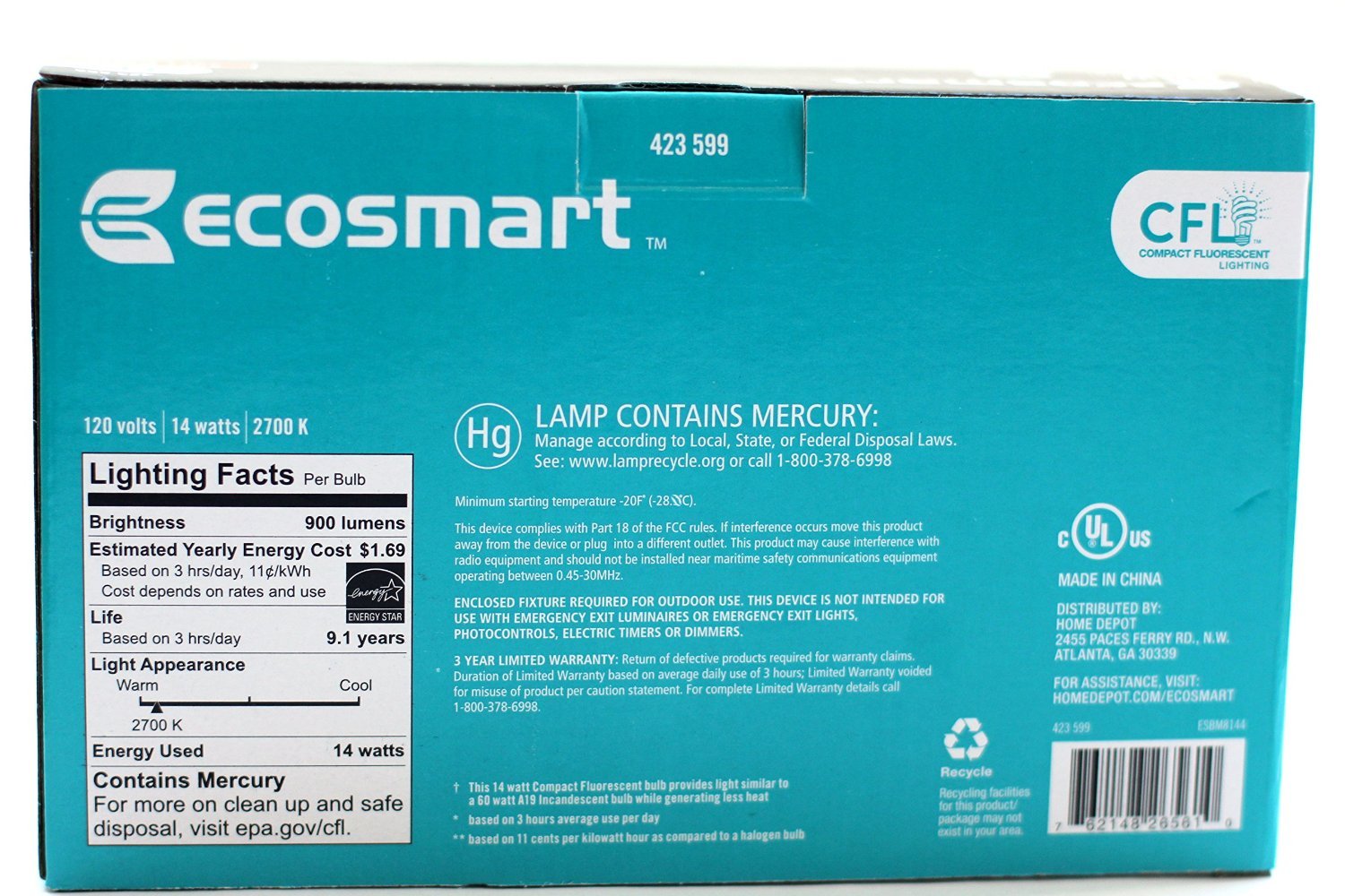 EcoSmart 60w CFL Soft White Lightbulb-(2 Pack=8 bulbs)