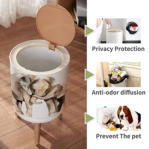 IBPNKFAZ89 Small Trash Can with Lid Watercolor Animals African Elephant with a Kid Sketch Garbage Bin Wood Waste Bin Press Cover Round Wastebasket for Bathroom Bedroom Kitchen 7L/1.8 Gallon