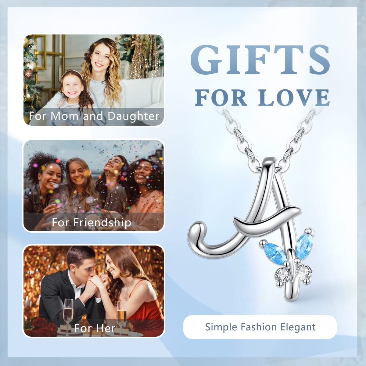 EUDORA Sterling Silver Initial A Necklaces for women Alphabet A Necklace Initial Personalized Letter A Pendant with Blue Cubic Zirconia Butterfly for Mom 18" Chain