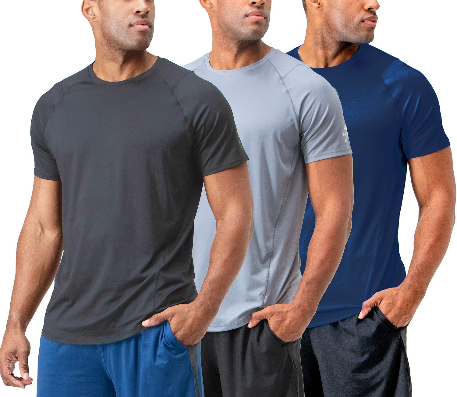DEVOPS Men's 3-Pack Quick Dry Short Sleeve T-Shirt Sun Protection Running Athletic Workout Active Shirts (Medium, Charcoal/Navy/Steel)