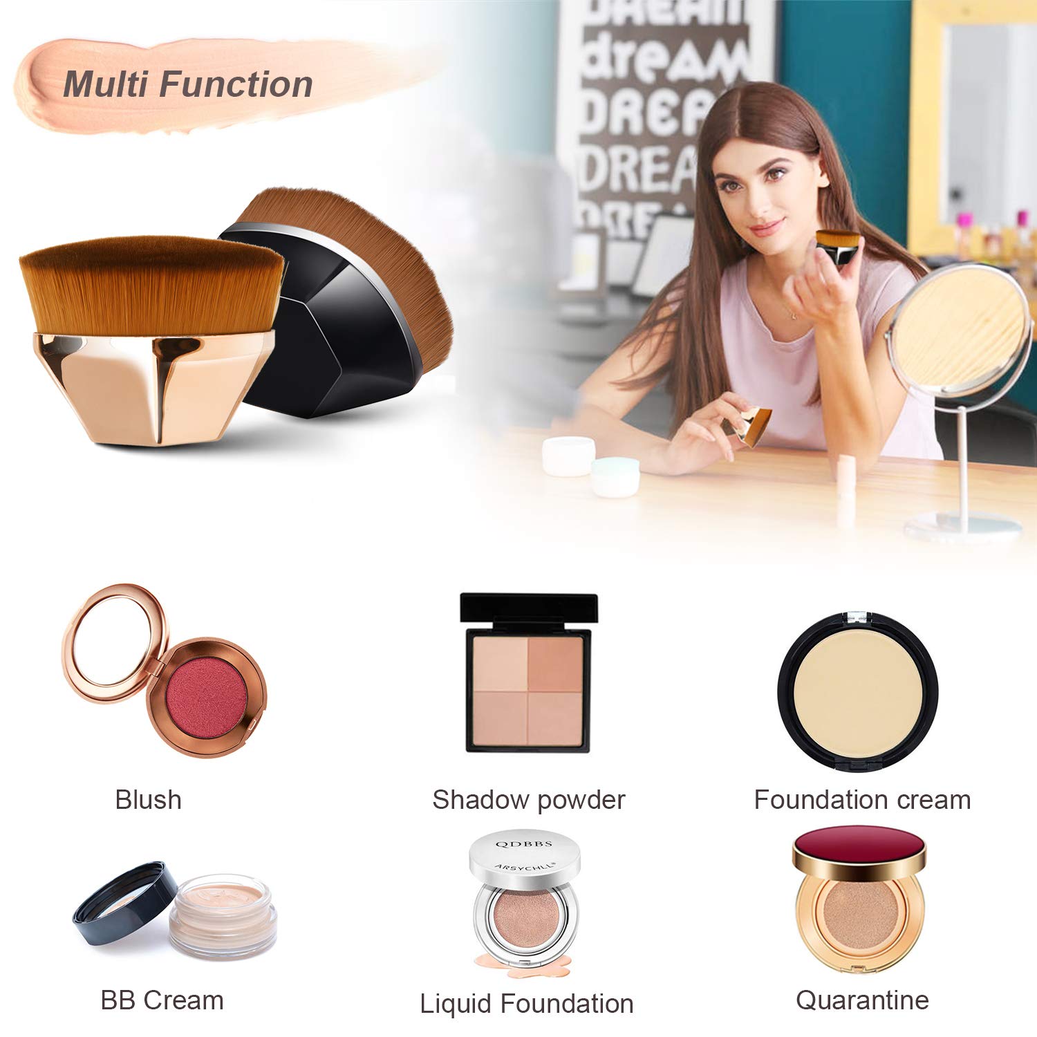 Endoto Foundation Makeup Brush, 2 Pack Flat Top High-Density Magic Hexagon Face Kabuki Brush for Flawless Powder, Blending Liquid or Cream Cosmetics with Portable Case(Black+Rose)