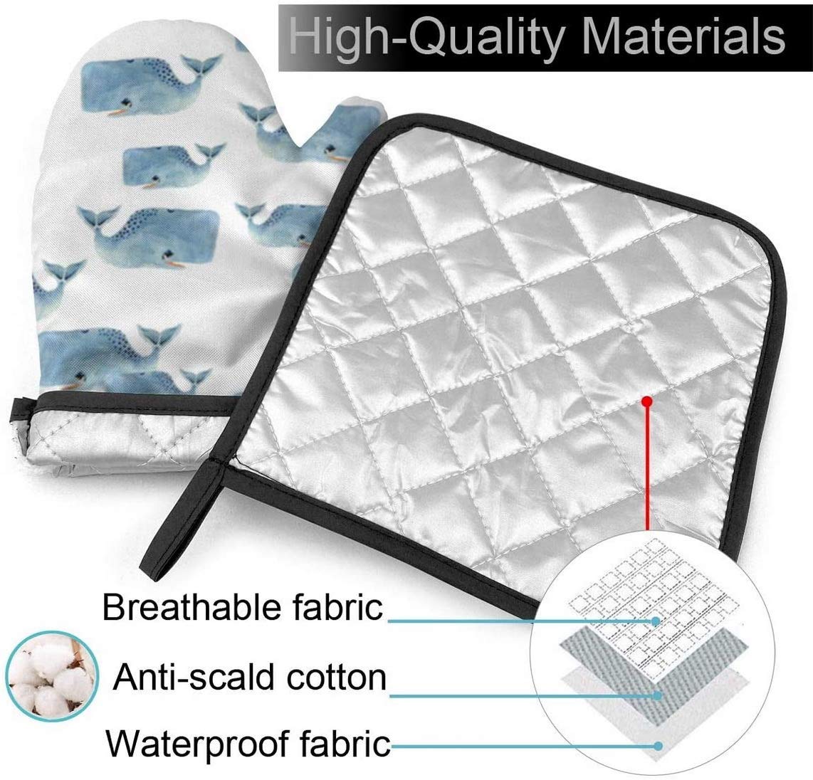 HENGE Whale Pod in Blue Oven Mitts and Pot Holders Sets of 2,Resistant Hot Pads,Flexible Cooking Oven Gloves for Microwave BBQ Cooking Baking Grilling