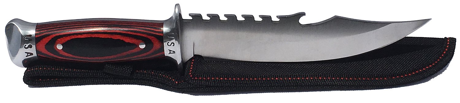 eTradewinds USA Combat Hunting Knife w/Sheath, Pakkawood Handle, & Razor Sharp 420 SS Rust Free Full Tang Fixed Blade (Nylon Sheath) By eT