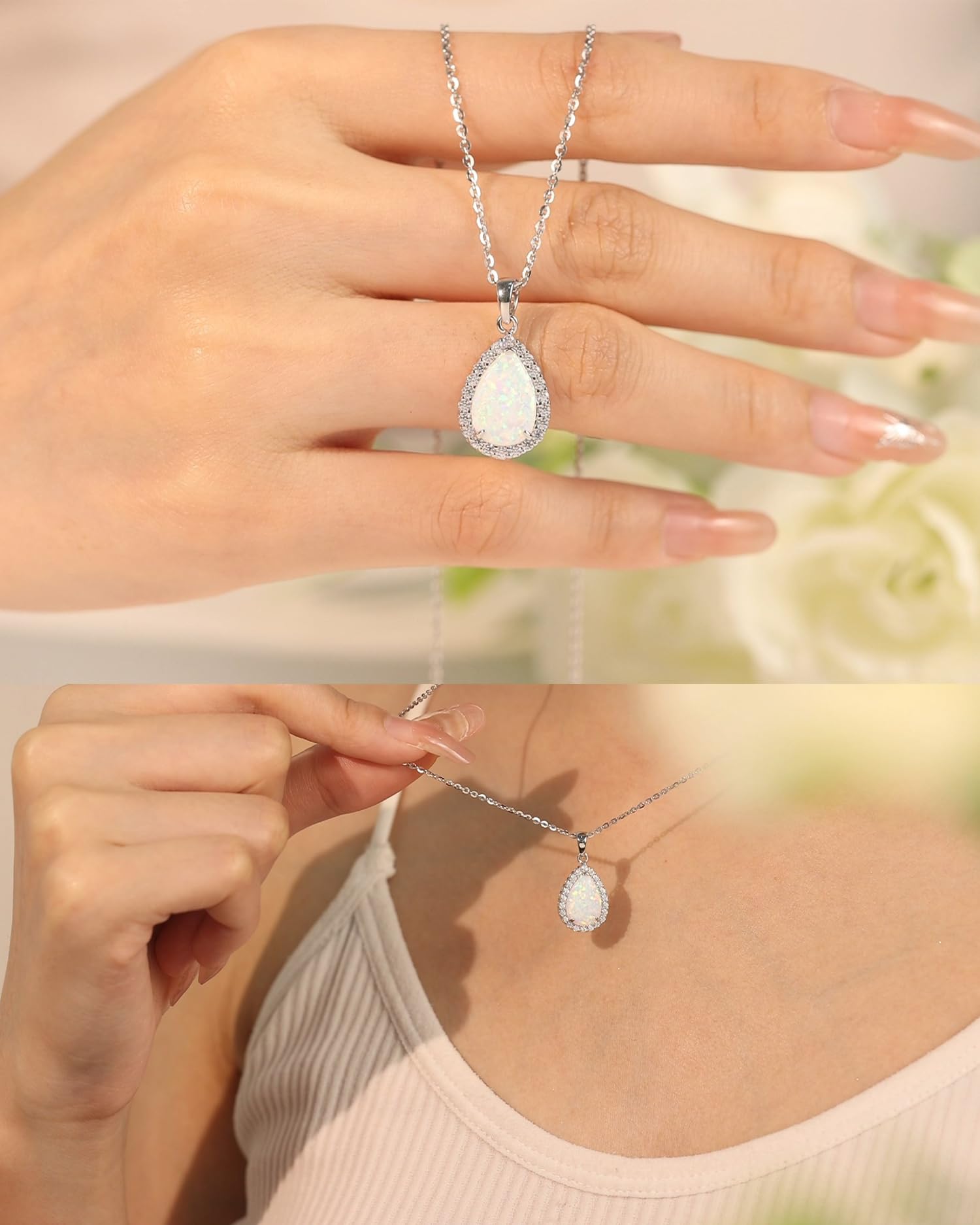 FANCIME Sterling Silver Opal Necklace White Fire Opal Halo Waterdrop Teardrop Pear Shape Opal Pendant October Birthstone Necklace Jewelry for Women 16β+2β
