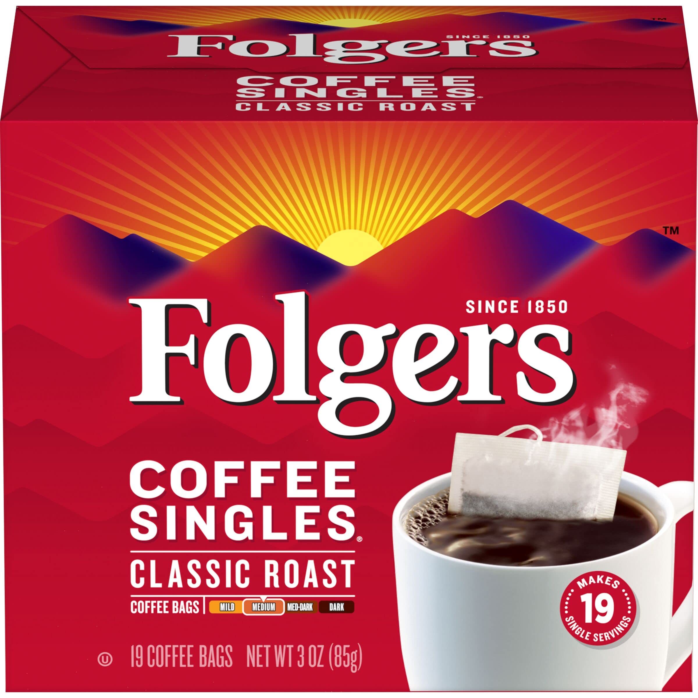 Folgers Coffee Singles Classic Medium Roast Coffee Bags 19 Count (Pack of 6)