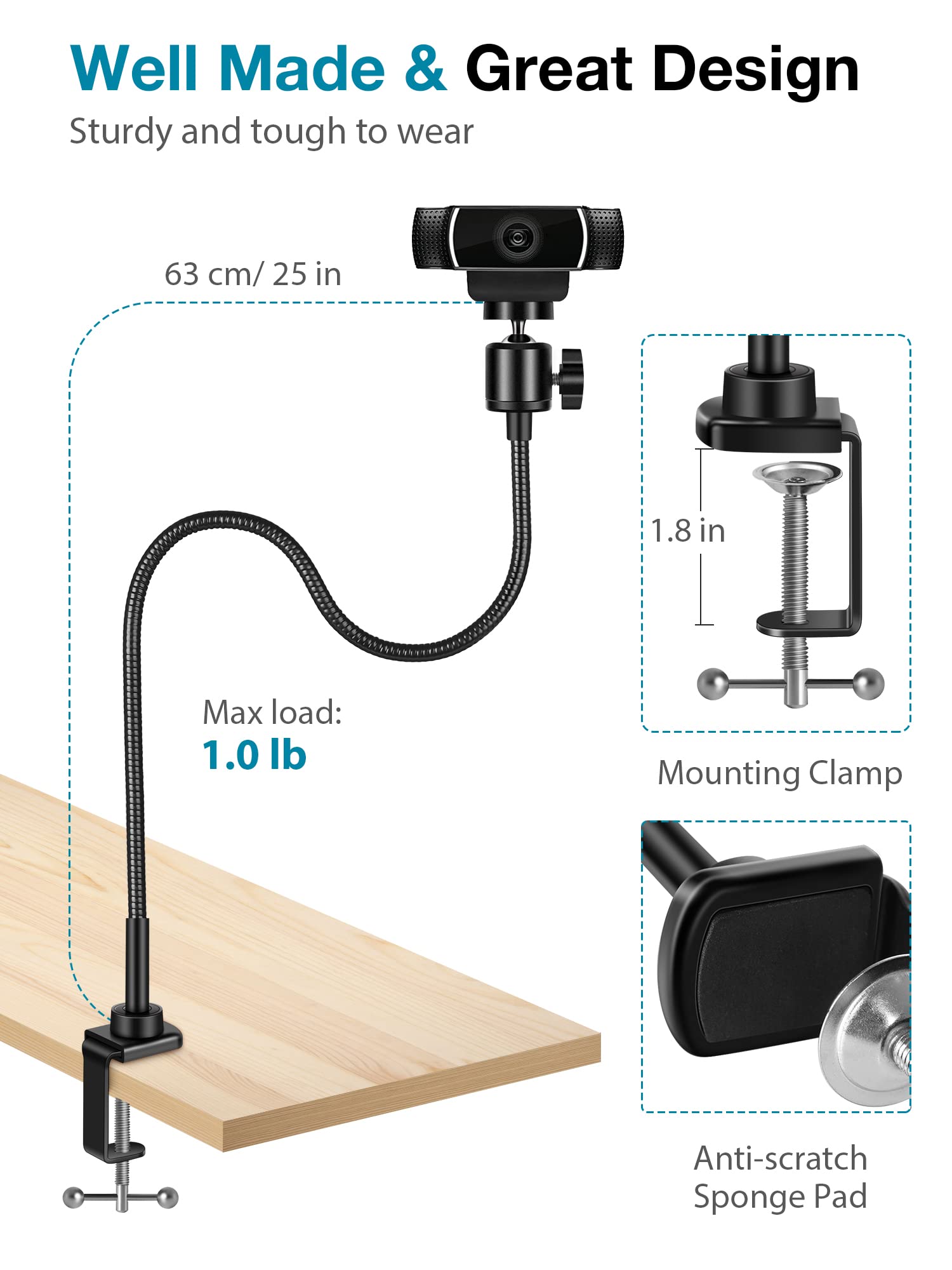 InnoGear 25 Inch Webcam Stand, Flexible Cell Phone Stand Desk Mount Camera Stand Gooseneck for Logitech Webcam BRIO 4K C960 C920 C920S C922 C922x C925e C930 C930e C615 NexiGo N60