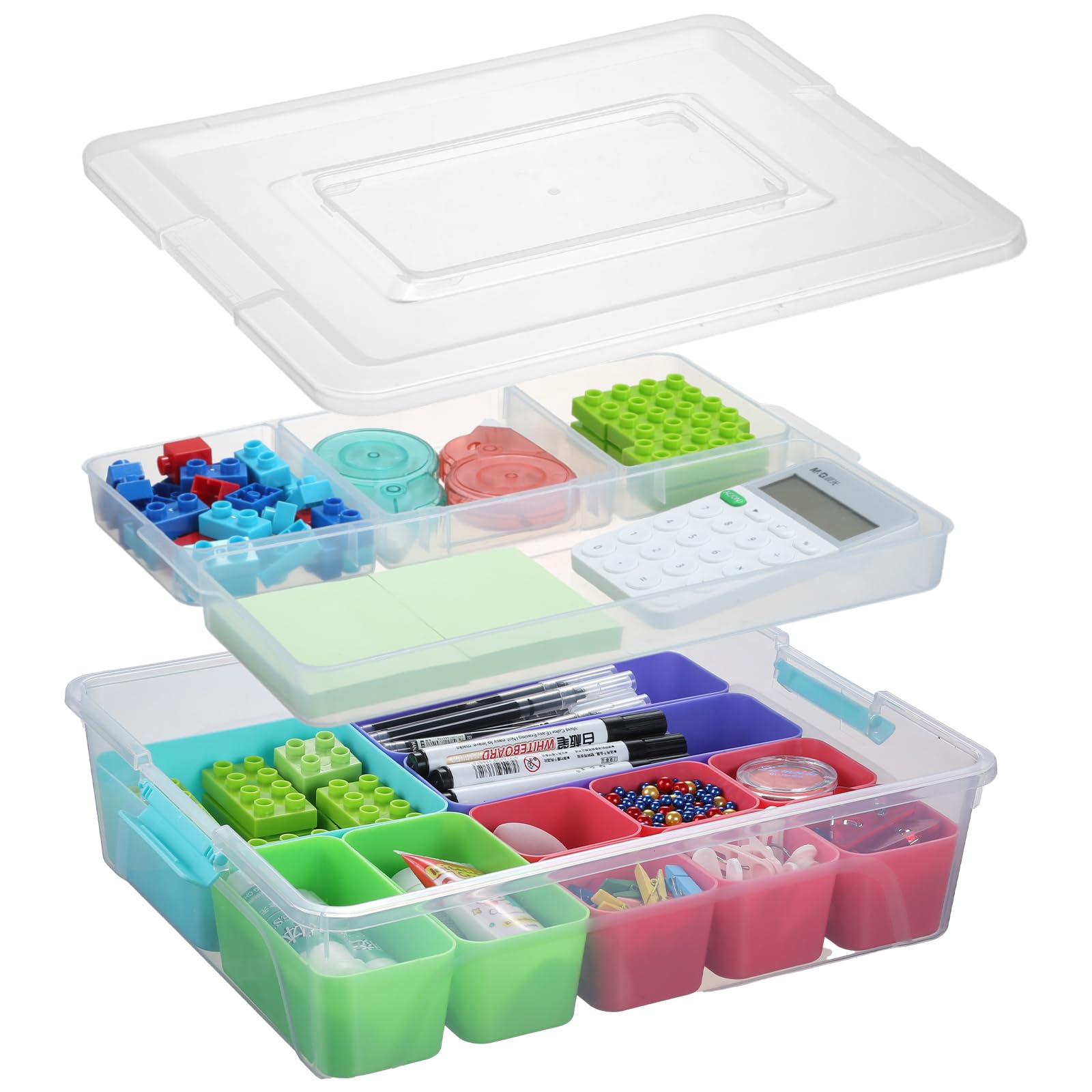 novelinks Clear Plastic Dividing Storage Box with Compartments Removable Storage Bin with Lid - Plastic Craft Storage Organizer Storage Compartment Container (2 Pack-4 QT + 1 Pack-10 QT)