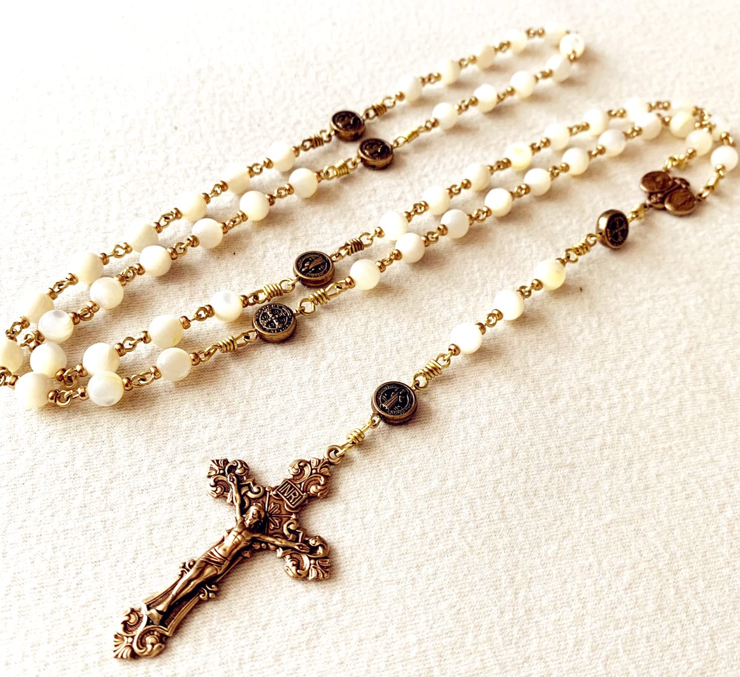 elegantmedical HANDMADE COPPER CATHOLIC ROSARY Moonlight Mother of Pearl Beads necklace Crucifix Cross gift box Gift