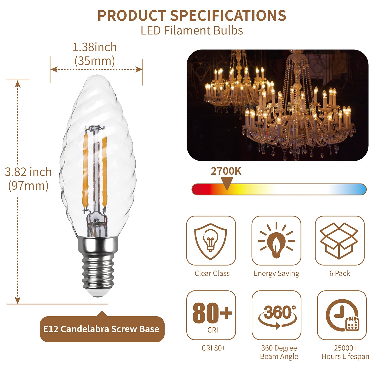 ECOVANIA E12 LED Candelabra Bulbs, Dimmable Clear Glass B11 LED Filament Candle Bulbs for Chandelier Ceiling Fan Light,4 Watt Equivalent to 40 Watt, Soft White 2700K, 6 Pack
