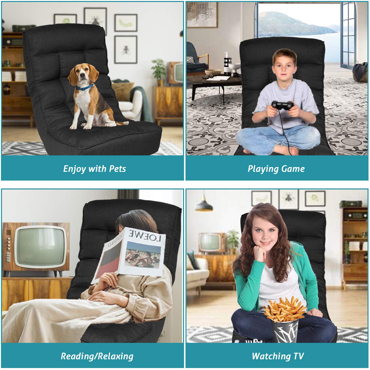 Folding Floor Gaming Chair 360-Degree Swivel Lazy Sofa Lounge Chairs with 4 Adjustable Positions Video Game for Home, Office, Games Room(Cool Black)