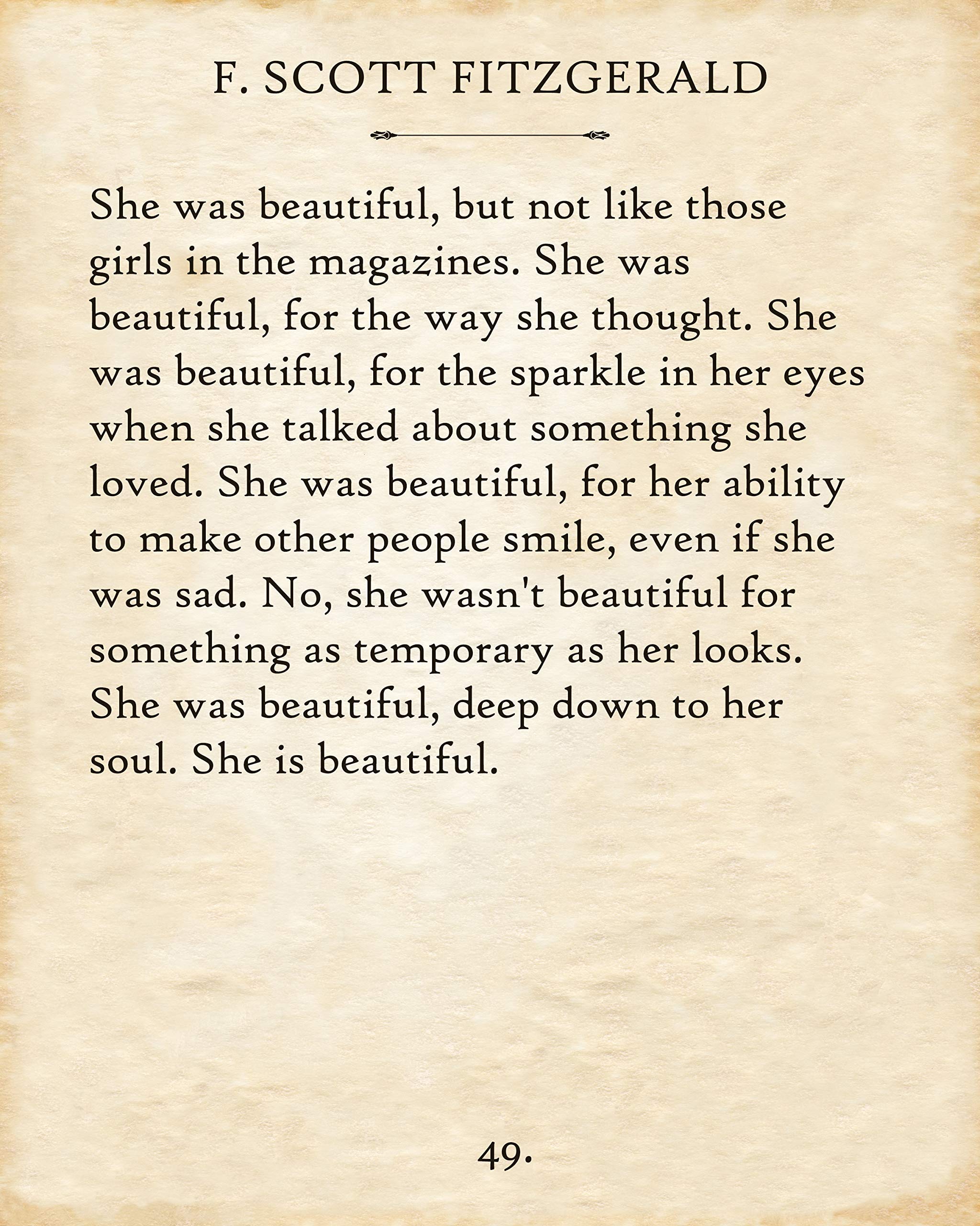 F. Scott Fitzgerald - She was Beautiful - Inspirational Home and Room Decorations, Woman Love Quotes Decor, Gift for Wedding and Book Lovers, Choose Unframed Classic Book Page Poster or Canvas