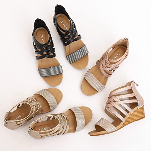 FASDNENDYS Women Wedge Strap Sandals Summer Boho Shoes Comfortable Open Toe Elastic Strap Sandals Bling Summer Sandals for Women