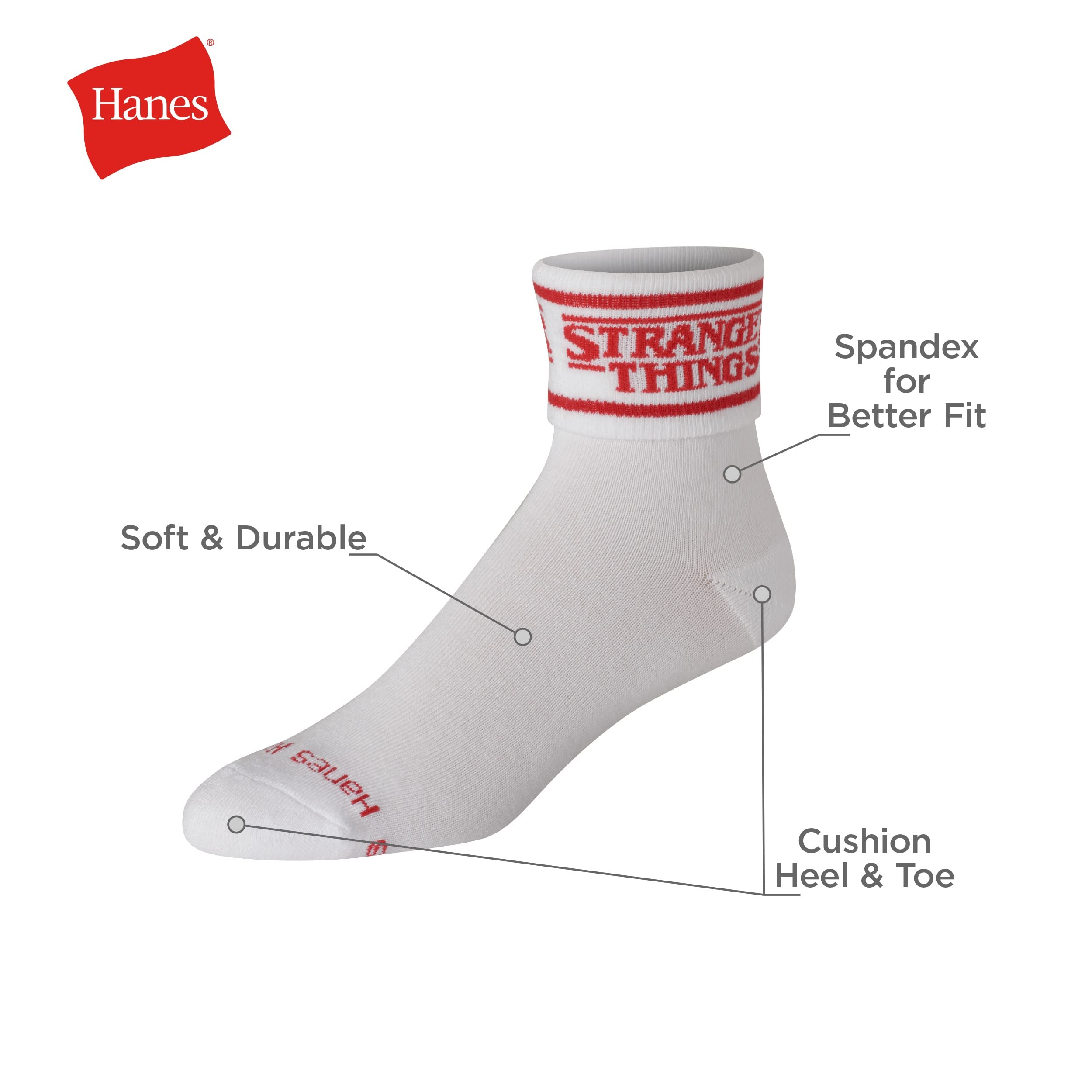 Hanes Stranger Things Pack, Unisex Ankle Socks with Fold-Over Cuffs, Hellfire Club Black/White/Grey Assorted, Women's Shoe Sizes 10-12 and Men's Shoe Sizes 9-12
