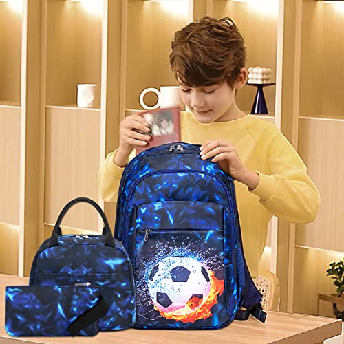LEDAOU Backpack for Kids Boys School Bags Teen Bookbags Set School Backpack with Lunch Box and Pencil Case (Soccer Ball)
