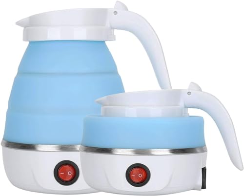 Foldable Electric Travel Kettle - Portable and Convenient Silicone Collapsible Water Boiler and Tea Pot for Camping - Easy Storage with Detachable Power Cord (Blue)