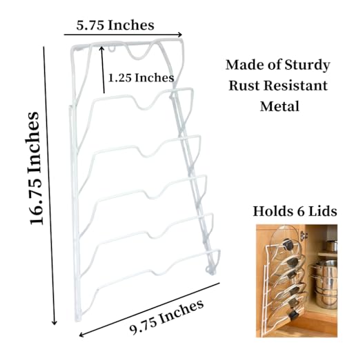 Evelots 6 Pot Lid Organizer for Cabinet Door or Pantry Wall - Closet Door Pots and Pans Lids Holder - Glass or Metal Pan Covers Cabinet Organizer Kitchen Storage - White 6 Tier Lid Rack