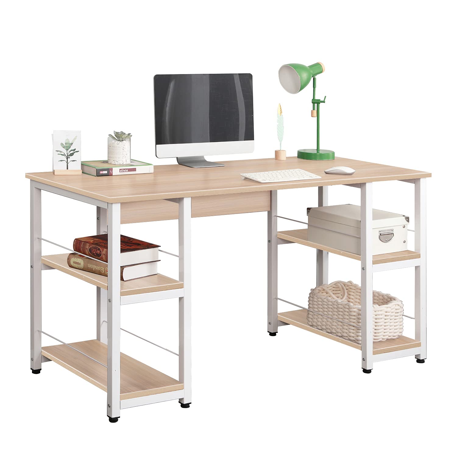 DlandHome 55 inches Computer Desk, Home Office Trestle Desk, Large Workstation Desk with Shelves,Writing Table, DZ012, Maple