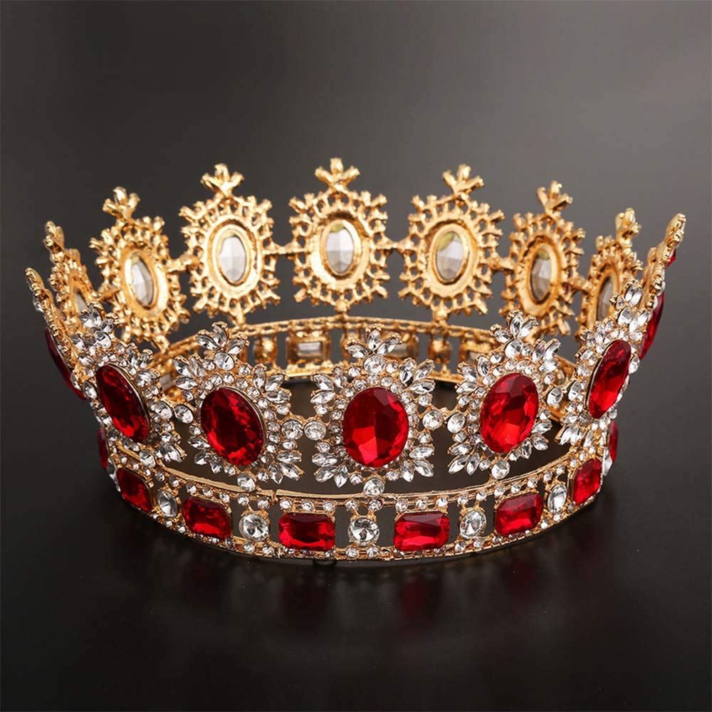 Earofcorn Bride King Size Crown Pageant Crowns Princess Tiara Retro Round Full Crown Bride Hair Accessories (Red) …