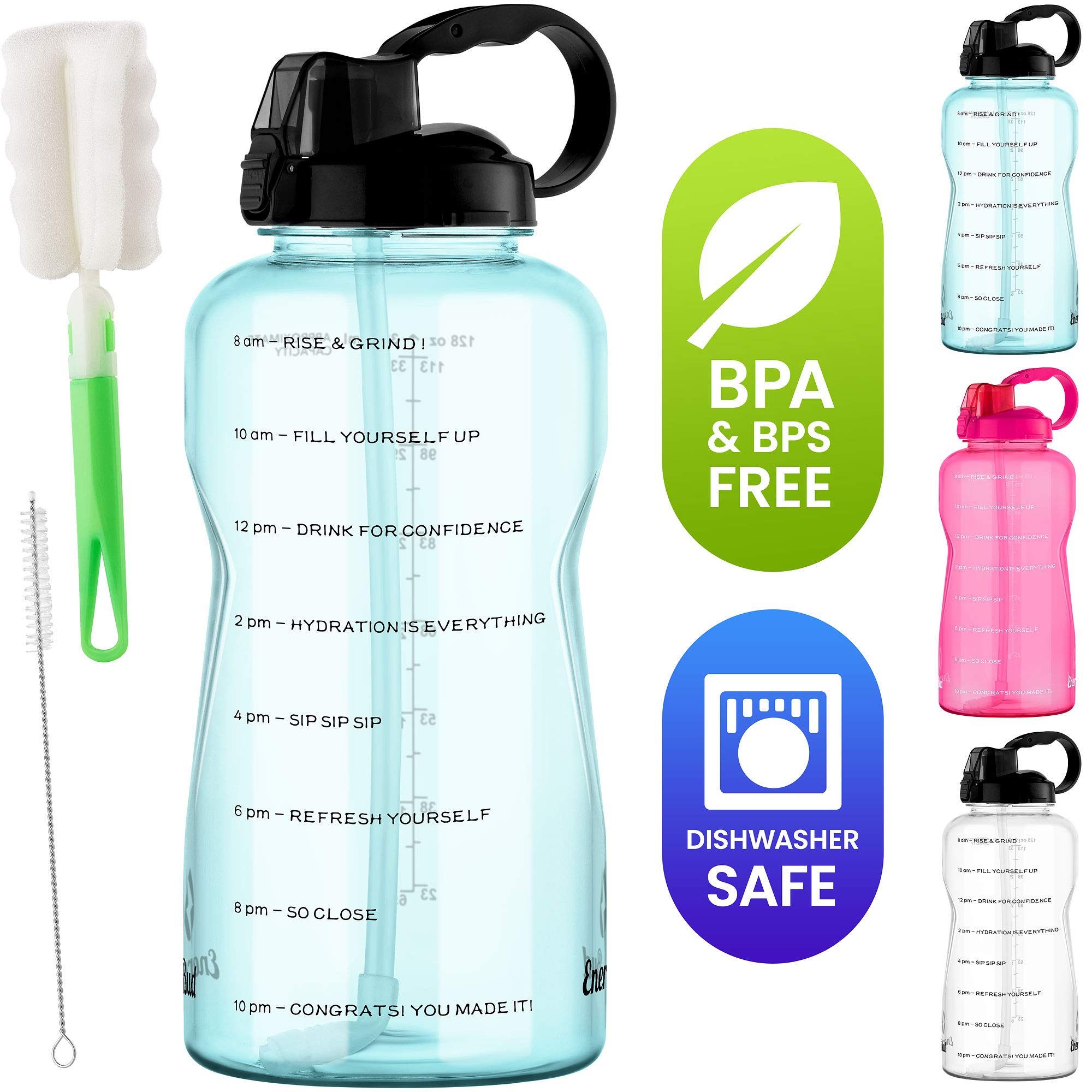 EnergyBud 1 Gallon Water Bottle With Removable Straw And Handle Dishwasher-Safe BPS & BPA & DEHP Free +2 Cleaning Brushes Big/Large Water Bottle With Time Markers Wide Mouth Leakproof 128 oz Jug(Blue)