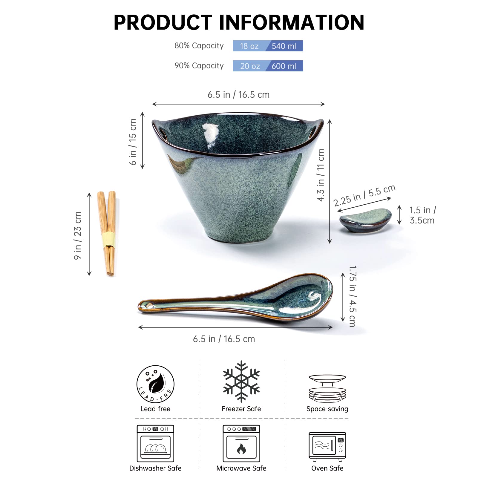 Henten Home 20 OZ Ramen Bowls Set, Ceramic Japanese Noodle Bowls Set of 2, Porcelain Deep Salad Bowl with Chopsticks for Udon, Reactive Glaze, Microwave Safe (Teal)