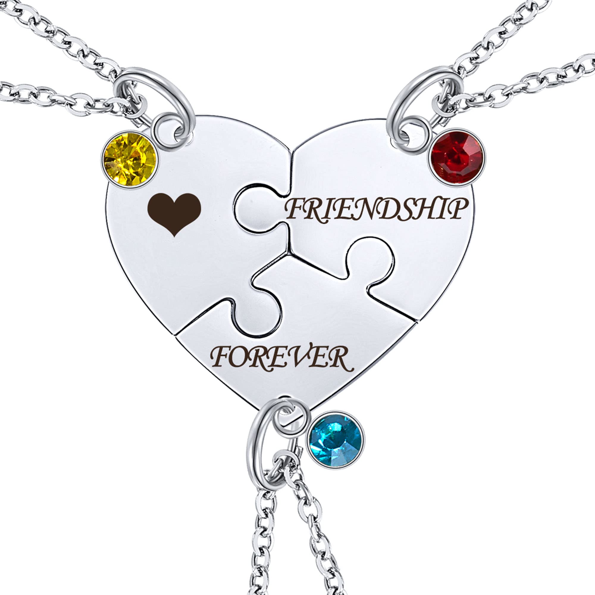 Fanery Sue Personalized Puzzle Pieces Heart Shape Necklace/Kaychain for Best Friends Family Custom Name/Date with Birthstone