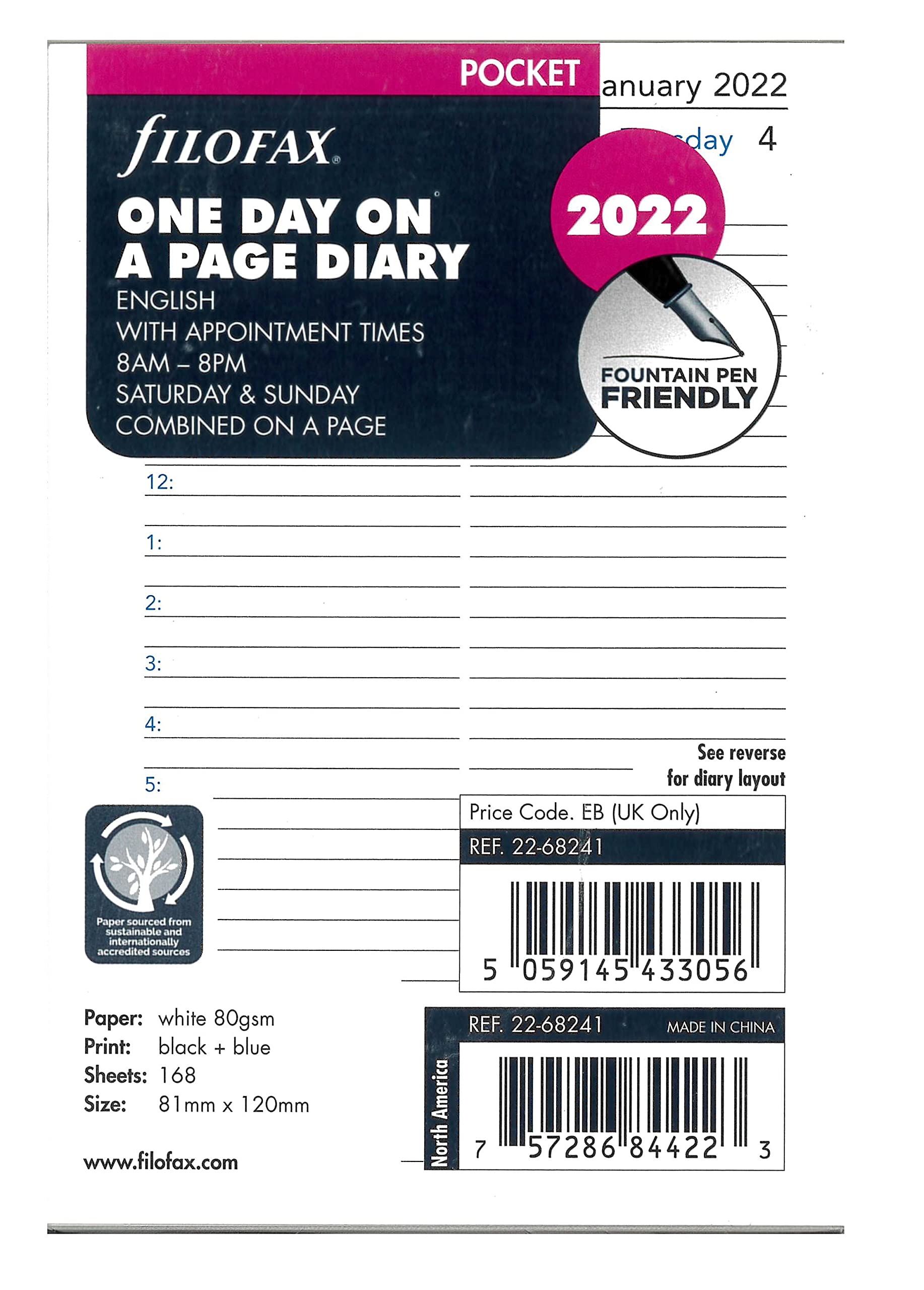 Filofax Replacement White Color Agenda Rings Pocket-Diplomat 2022,Daily Planning English Language 81x120mm., (22-68241)